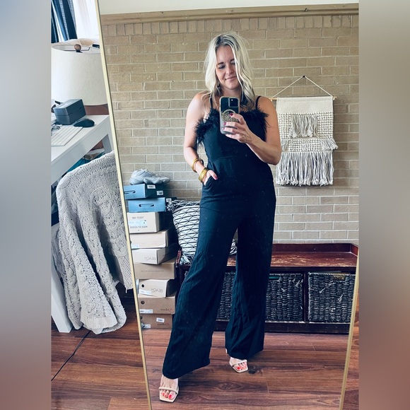 entro | Pants & Jumpsuits | Entro Black Feather Trim Jumpsuit | Poshmark